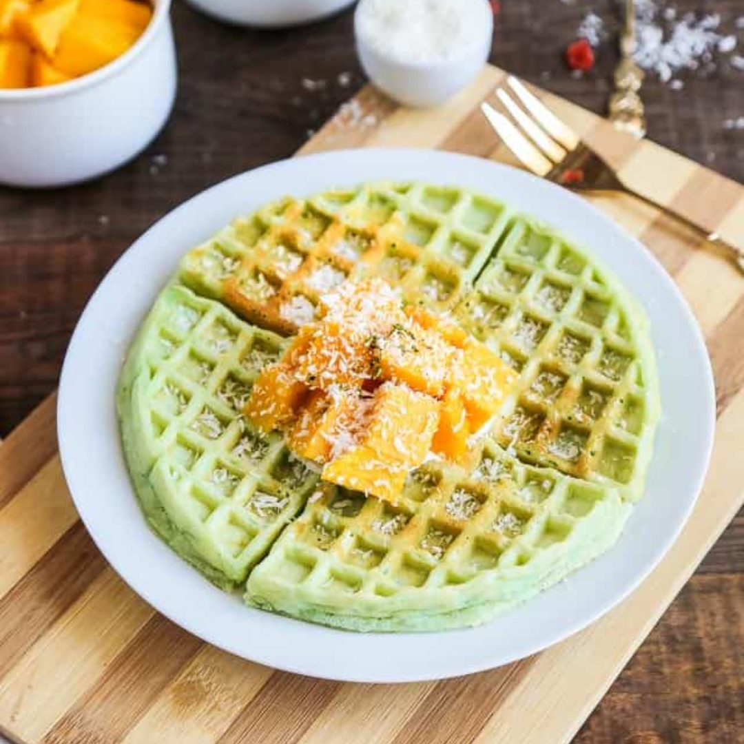 Matcha Waffles topped with Mango – Zen Tea Leaf